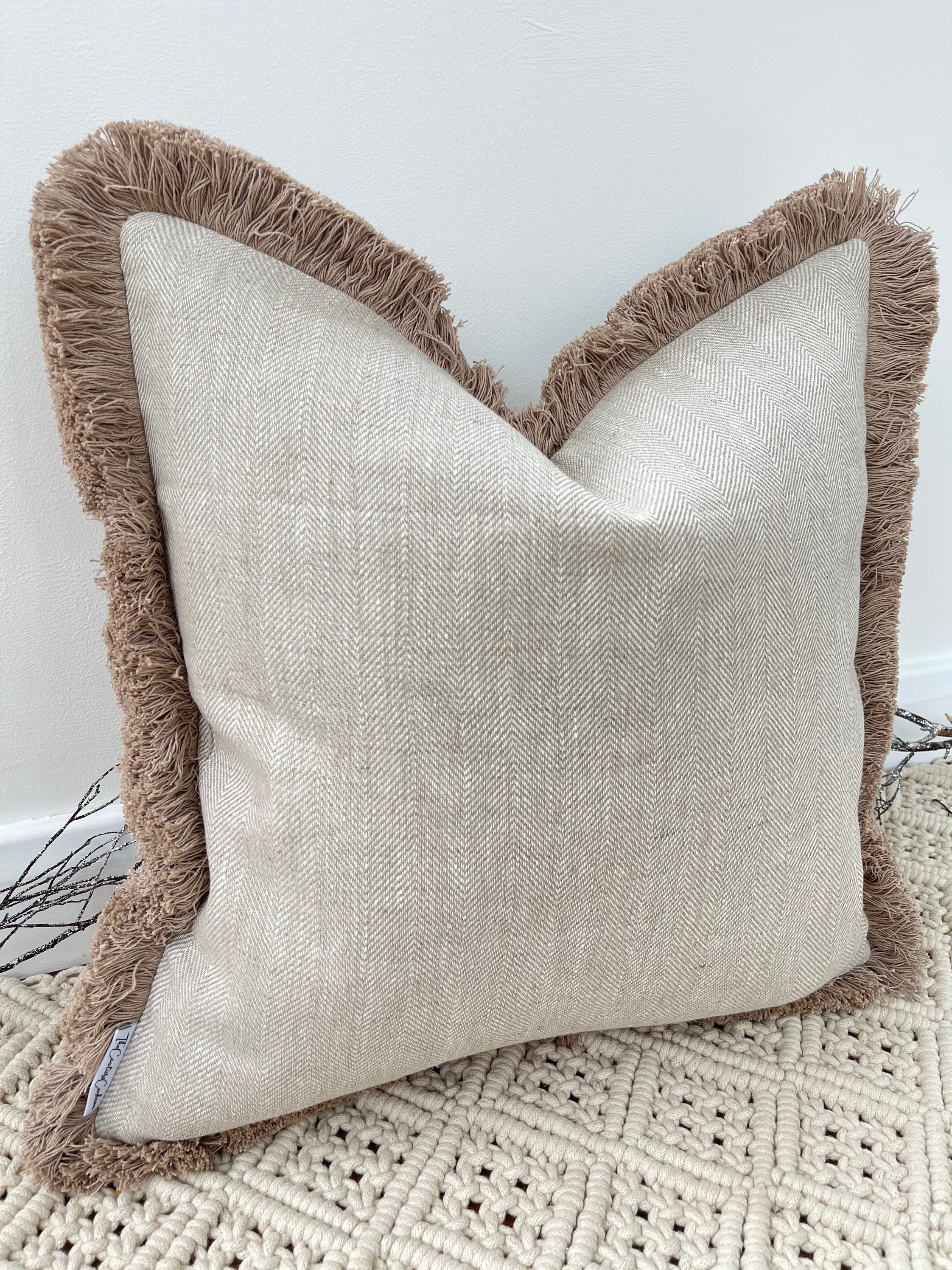 Luxury Natural Boho Linen Textured Fringed Cushion, Fringed in Tan ...