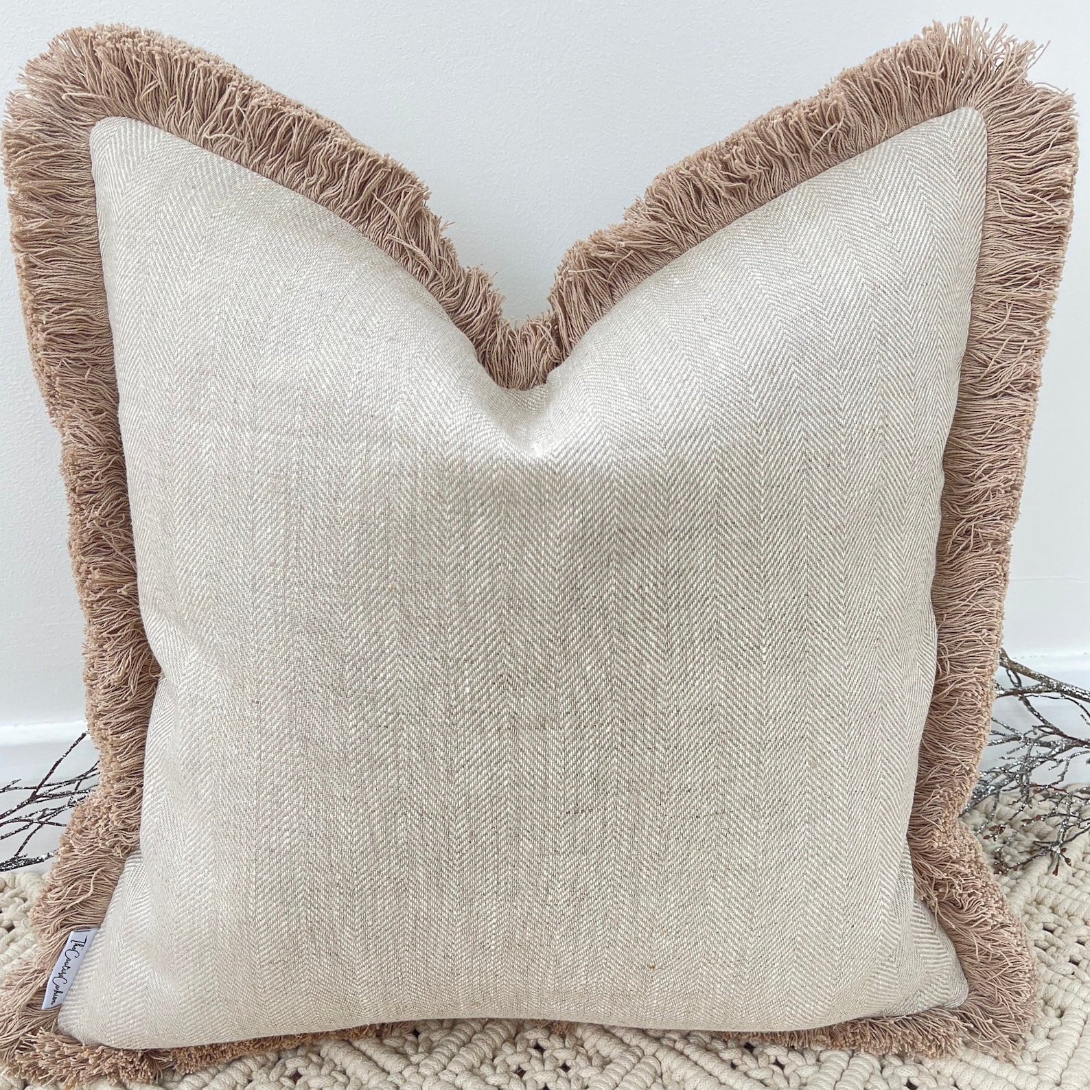 Luxury Natural Boho Linen Textured Fringed Cushion, Fringed in Tan ...