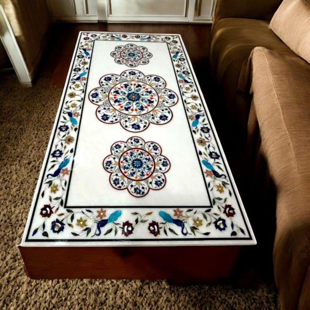 Handmade White Marble Inlaid Coffee Table: Floral Marquetry Art - Etsy