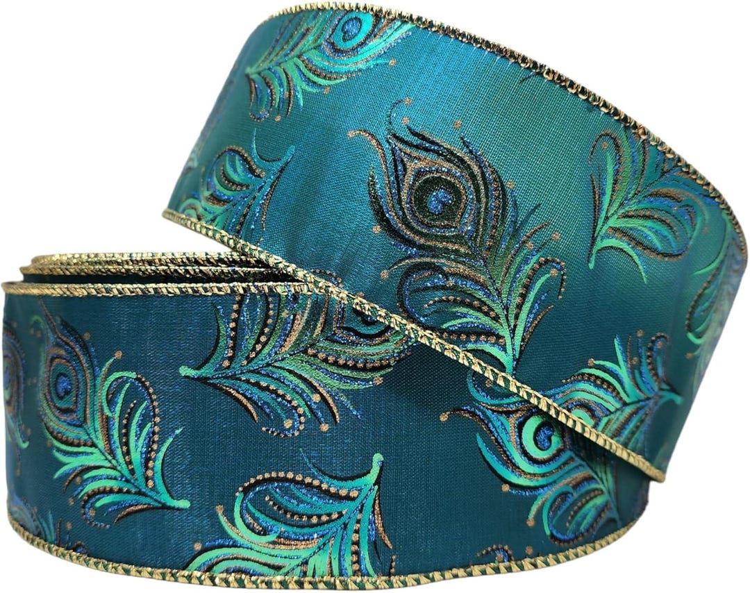 2.5 Wide Wired Peacock Ribbon Turquoise Teal Feather Blue Green Emerald ...