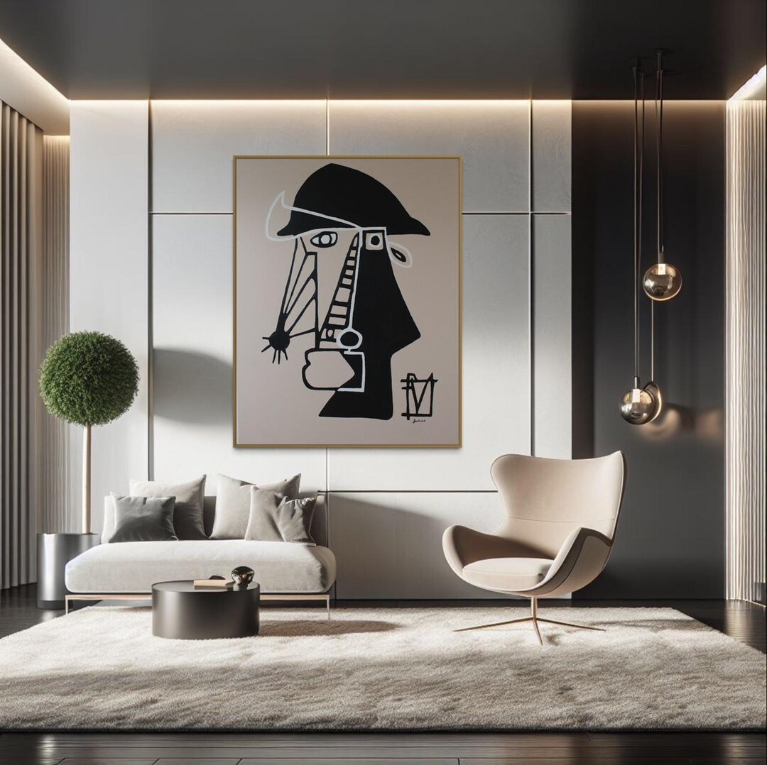 Modern Cubist Face Painting Beige Canvas Abstract Black Line Art ...