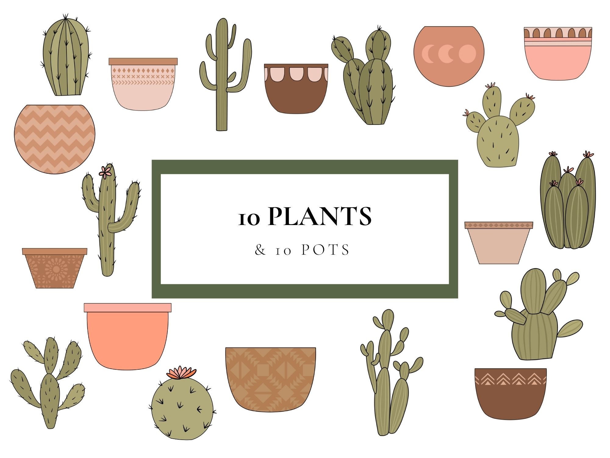 Cactus SVG Bundle, Plants Clip Art Set, Plant Illustration, Boho Cactus ...