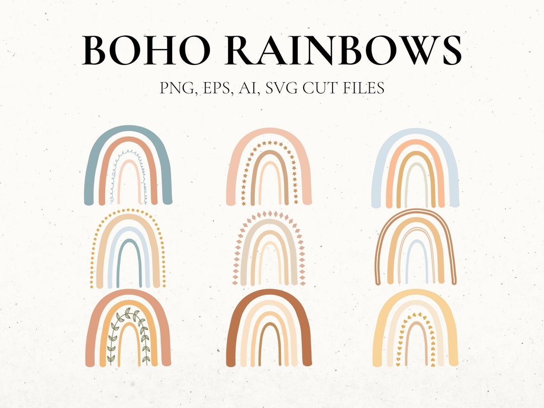Boho Rainbow Clip Art Bundle, Hand Drawn Rainbow SVG Pastel, Bohemian ...