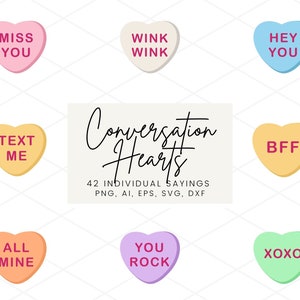 Conversation Hearts SVG Clip Art Set, Coloured Candy Hearts Bundle ...