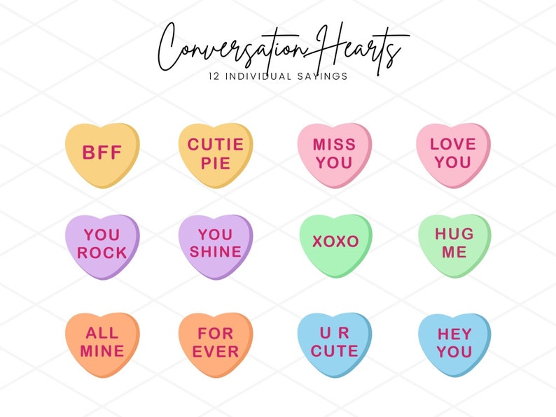Conversation Hearts SVG Clip Art Set Coloured candy hearts | Etsy