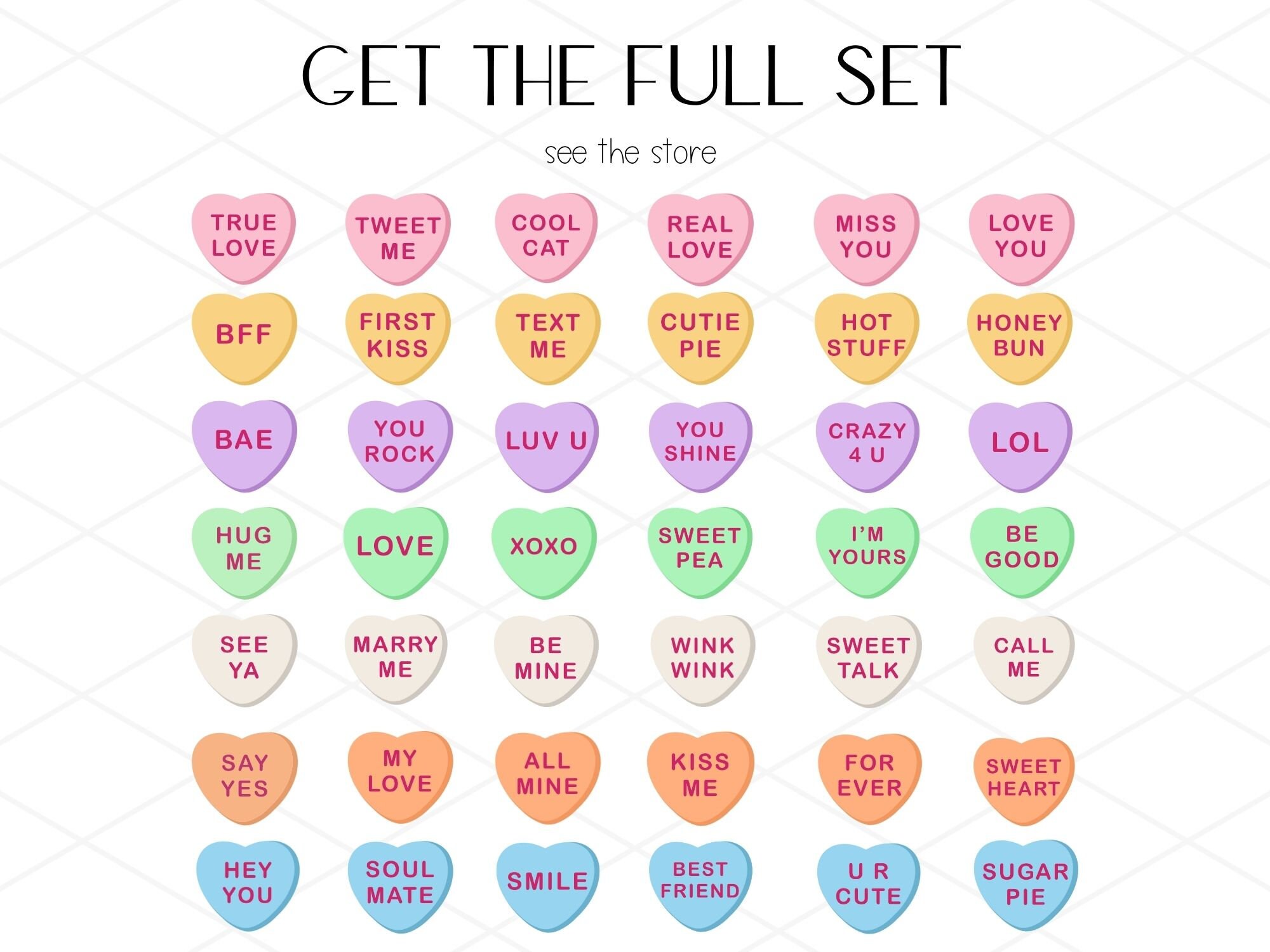 Conversation Hearts SVG Clip Art Set, Coloured Candy Hearts Bundle ...