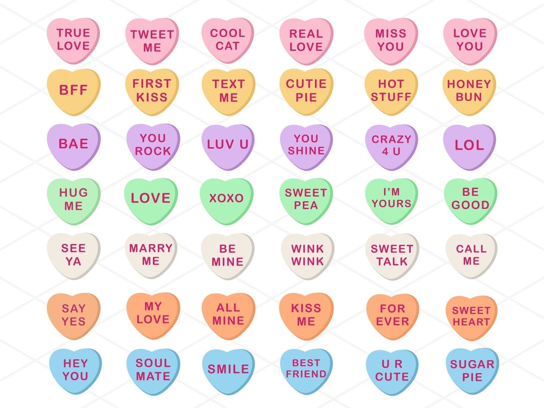 Conversation Hearts SVG Clip Art Set, Coloured Candy Hearts Bundle ...