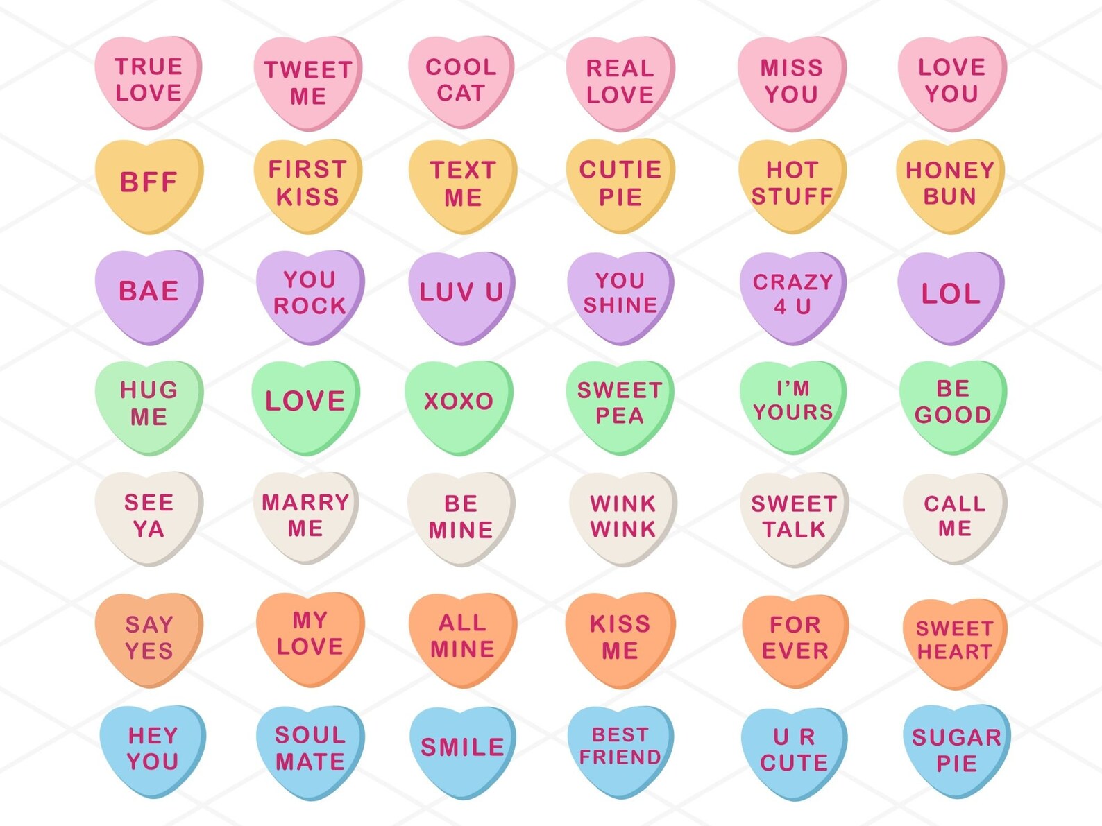 Conversation Hearts SVG Clip Art Set Coloured Candy Hearts - Etsy