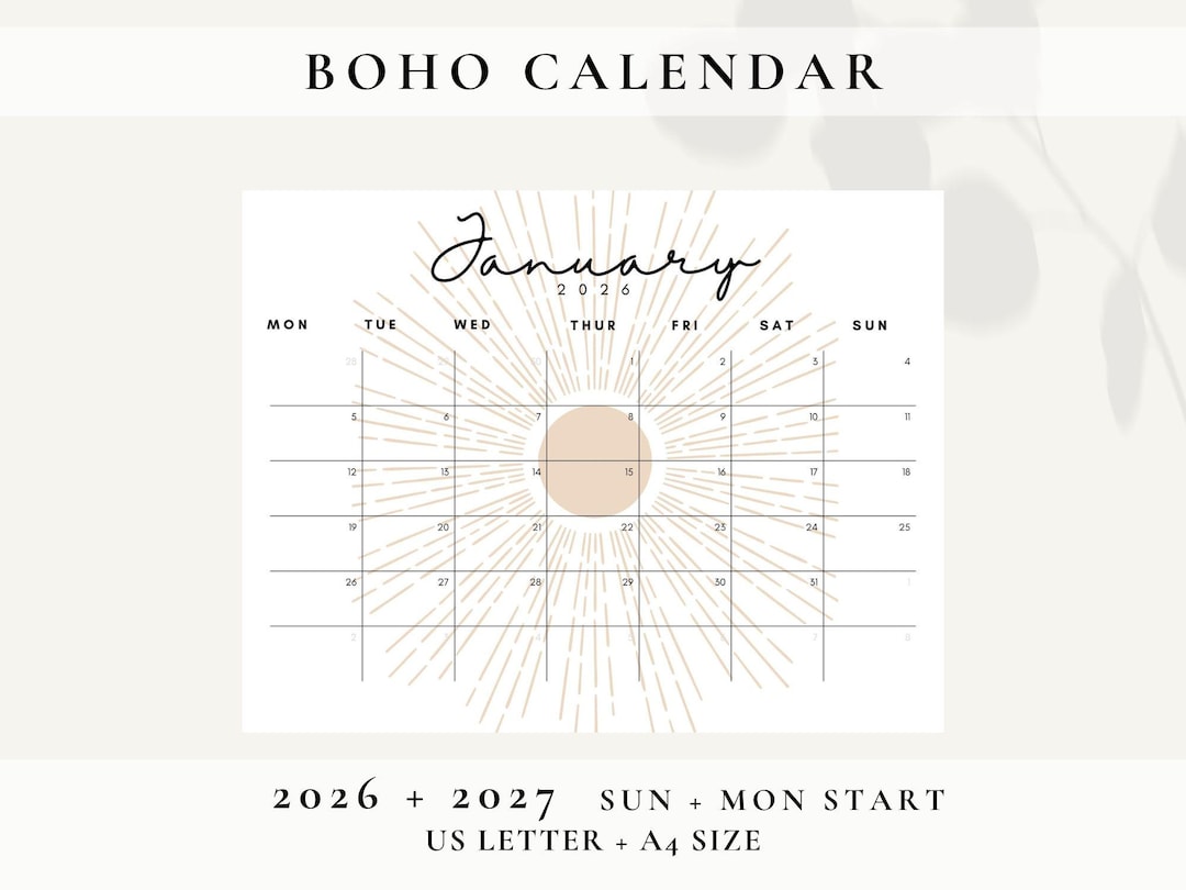2026 and 2027, Printable 2026 Monthly Calendar Planner, Neutral Boho ...