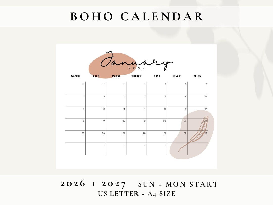 2026 and 2027, Printable 2026 Monthly Calendar Planner, Neutral Boho ...