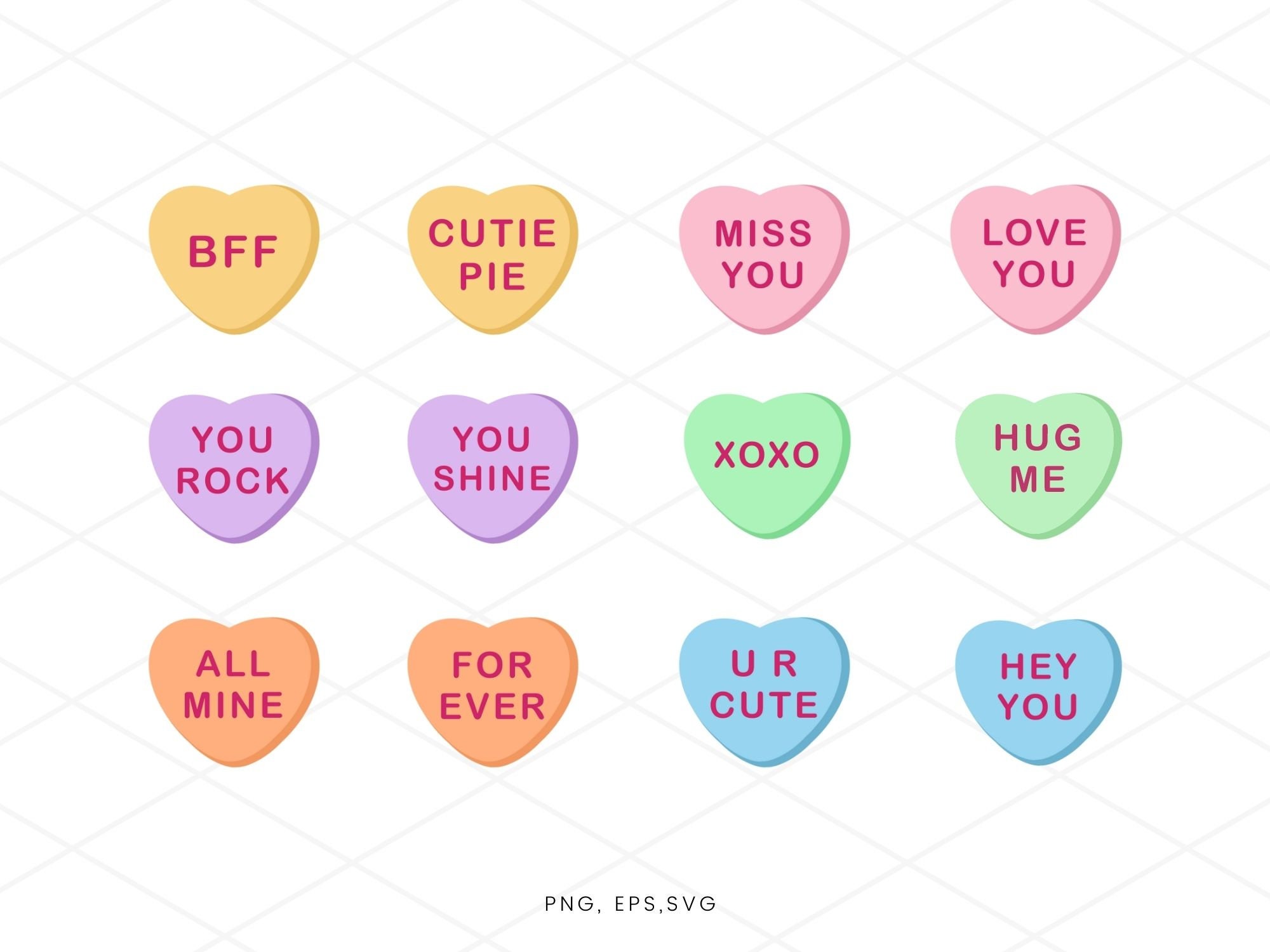 Conversation Hearts SVG Clip Art Set, Coloured Candy Hearts Bundle ...