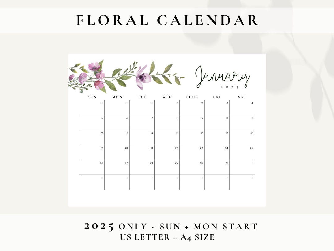 2025 Printable Monthly Calendar Planner, Watercolour Flowers Calendar ...