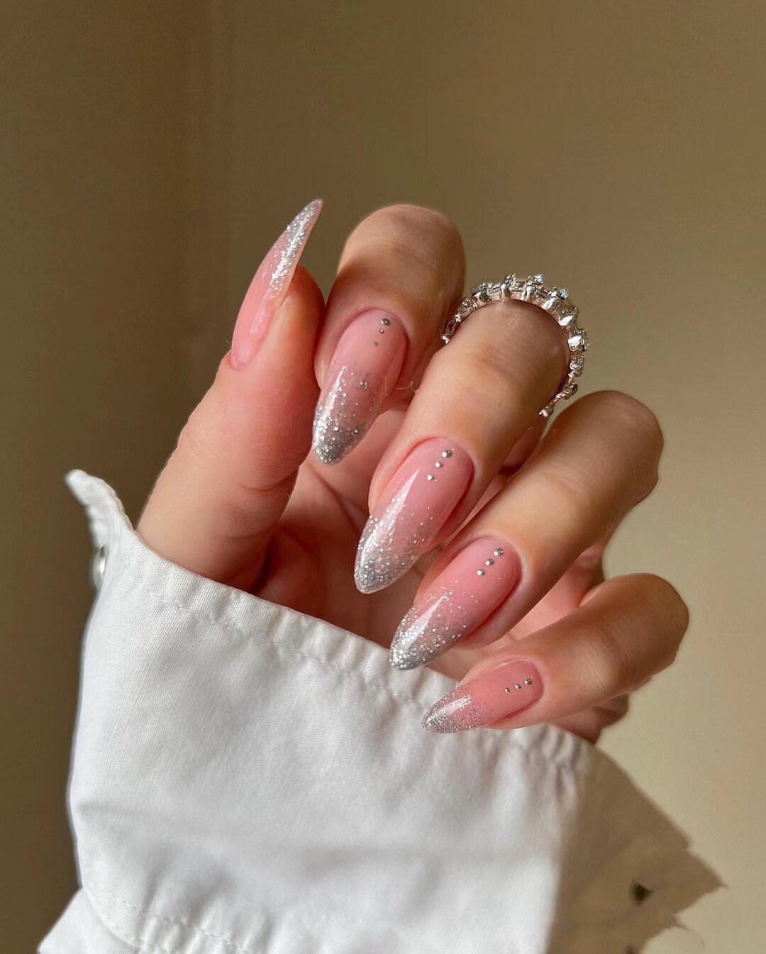 Silver Shiny Fingertips Pink Nude Base Long Almond Luxury Press on ...