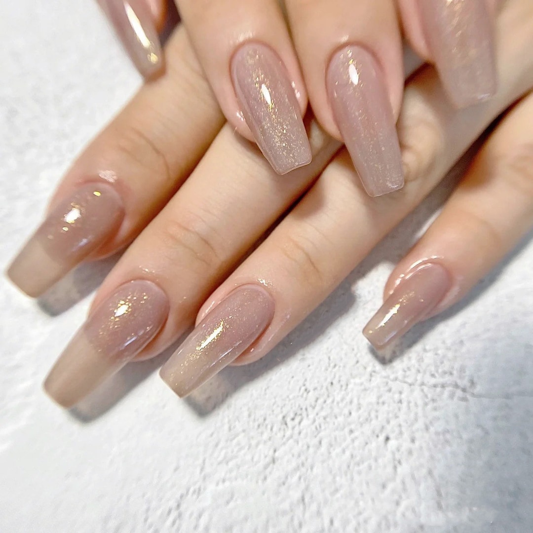 Light Brown Gold Shrimmer Long Coffin Luxury Press on Nails- S33 - Etsy