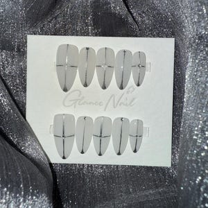 Milky White Silver Line Diamond Gem Stone Long Almond Luxury Press on ...