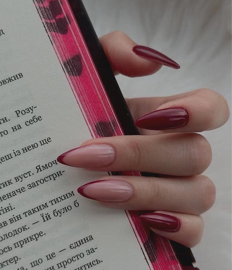 Thin Burgundy Red French Wine Red Pink Base Long Almond Luxury Press on ...