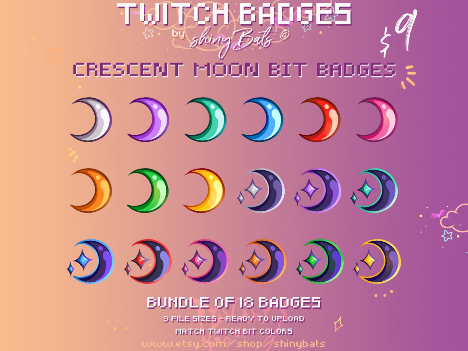 18 Crescent Moon Twitch Bit Badges for Affiliated or Partnered Stream ...