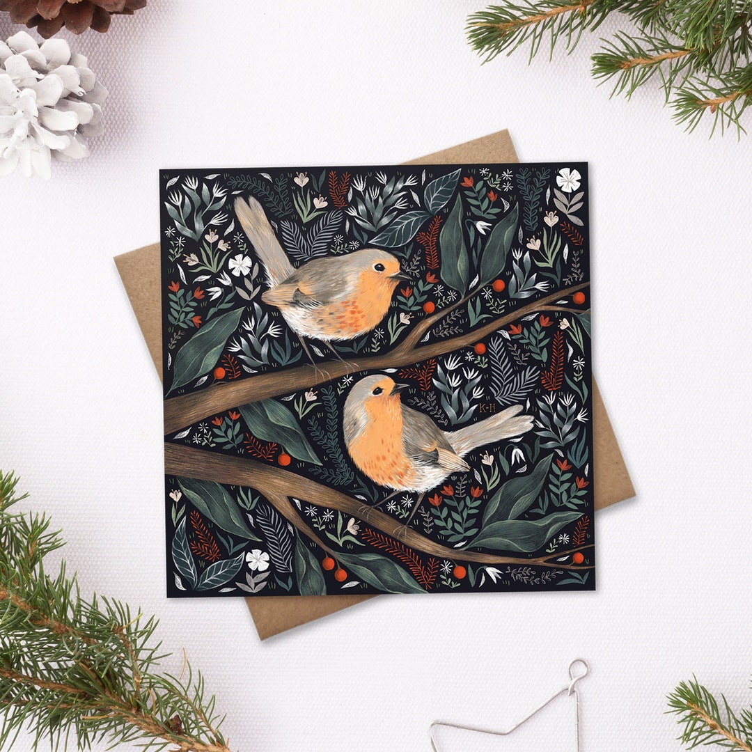 Large Two Robins Card Large Botanical Greeting Card - Etsy