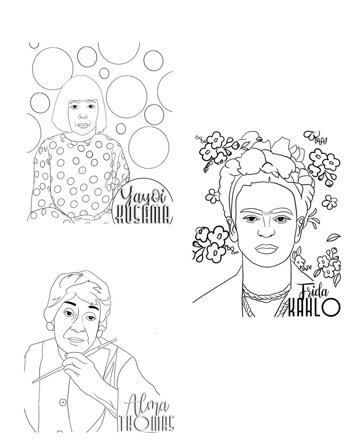 Women in Art Coloring Page Bundle yayoi Kusama. Frida Kahlo, Alma ...