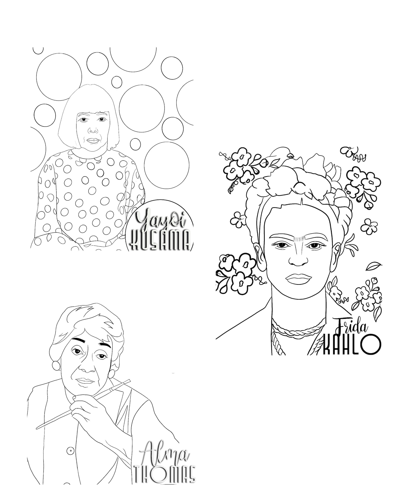 Women in Art Coloring Page Bundle yayoi Kusama. Frida Kahlo, Alma ...