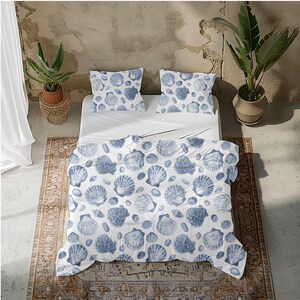 Seashell Duvet Cover Blue Nautical Bedding King Beachhouse Decor Ocean ...