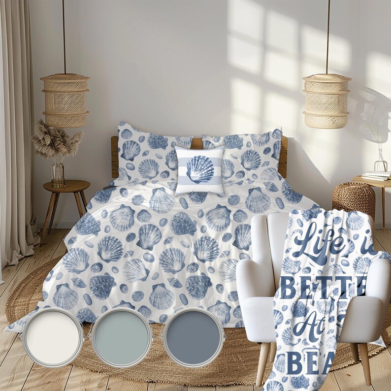 Seashell Duvet Cover Blue Nautical Bedding King Beachhouse Decor Ocean ...