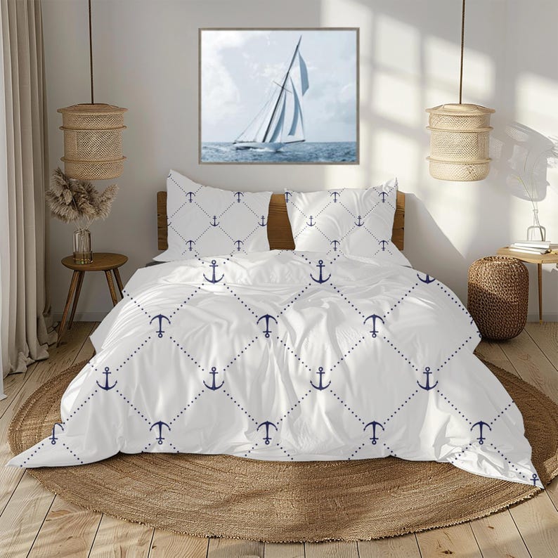 Boat Anchor Bedding Set Modern Coastal Duvet Cover Yacht Boat Bedding ...