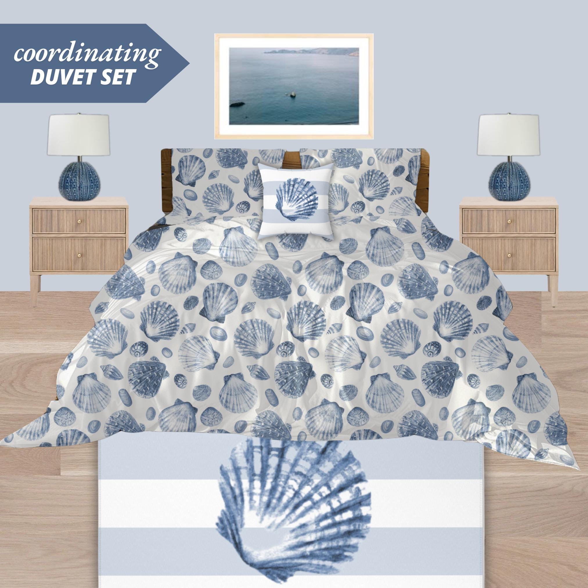 Seashell Duvet Cover Blue Nautical Bedding King Beachhouse Decor Ocean ...