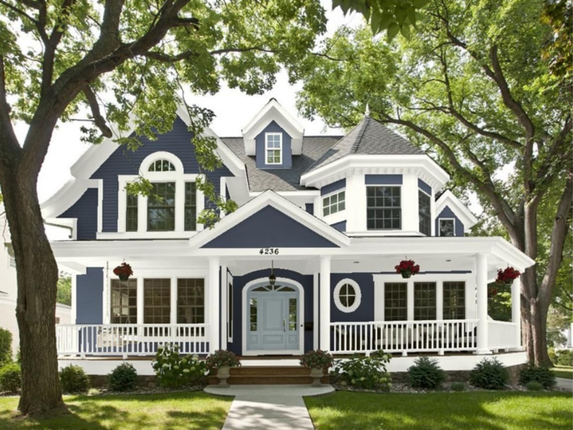 Navy Exterior Paint Color Scheme Blue Exterior Paint Farmhouse Exterior ...