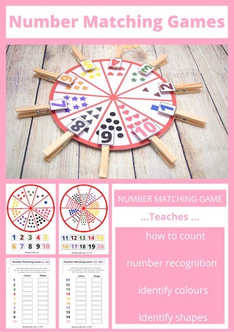 Number Matching Game Printable. Counting Worksheets 1-20. Shape ...