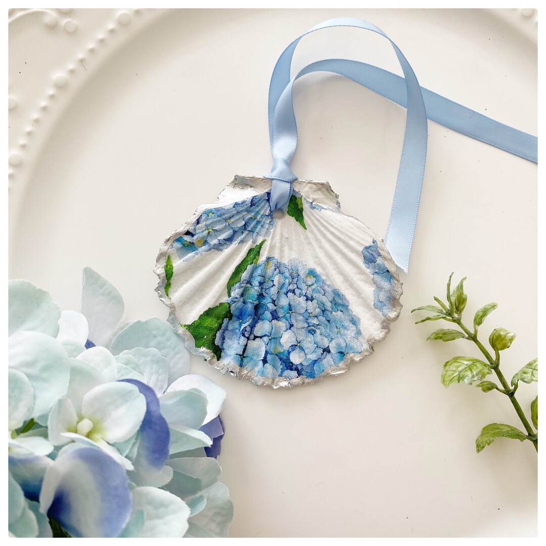 Decoupaged Scallop Shell Christmas Ornament in Blue Hydrangea Floral ...