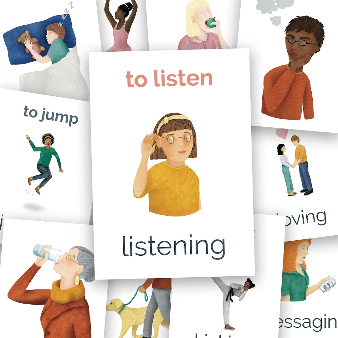 Tarjetas didácticas ilustradas de verbos comunes en inglés ...