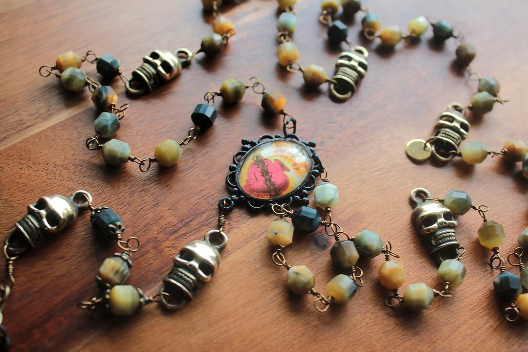 Memento Mori Catholic Rosary, Natural Blue Tiger Eye Prayer Beads With ...