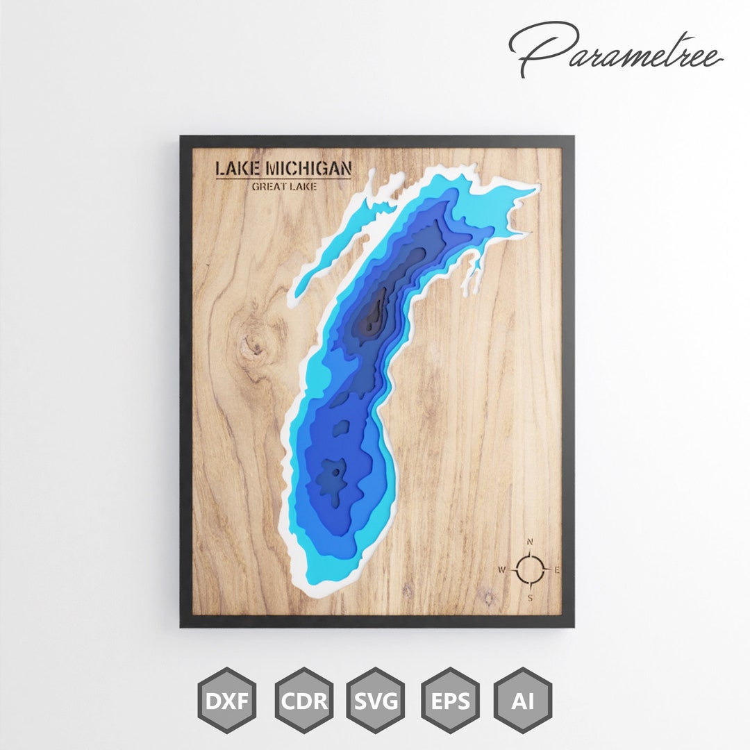 Lake Michigan Topography Map SVG DXF: Laser Cut Layered Wall Art ...