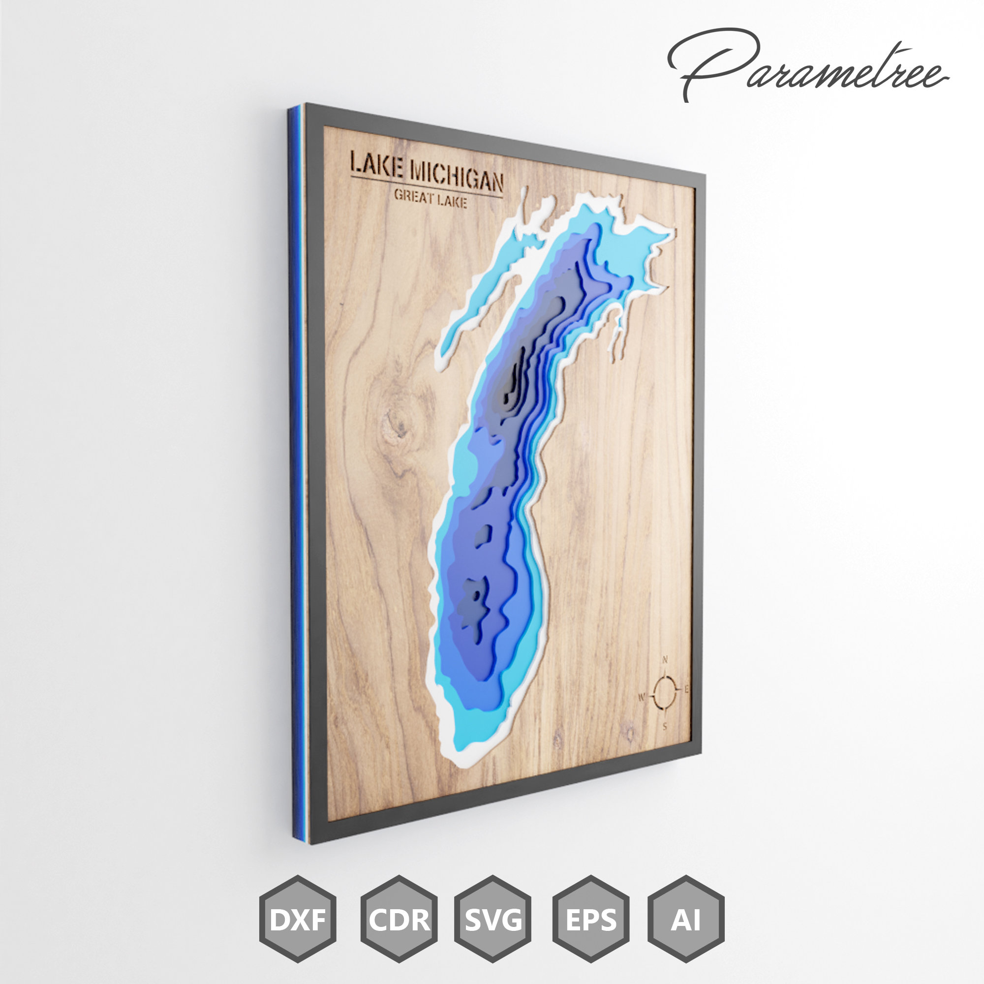 Lake Michigan Topography Map SVG DXF: Laser Cut Layered Wall Art ...