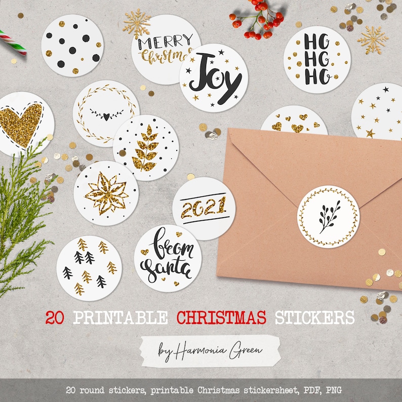 Christmas Printable Sticker Sheet. Round Golden Christmas Stickers ...