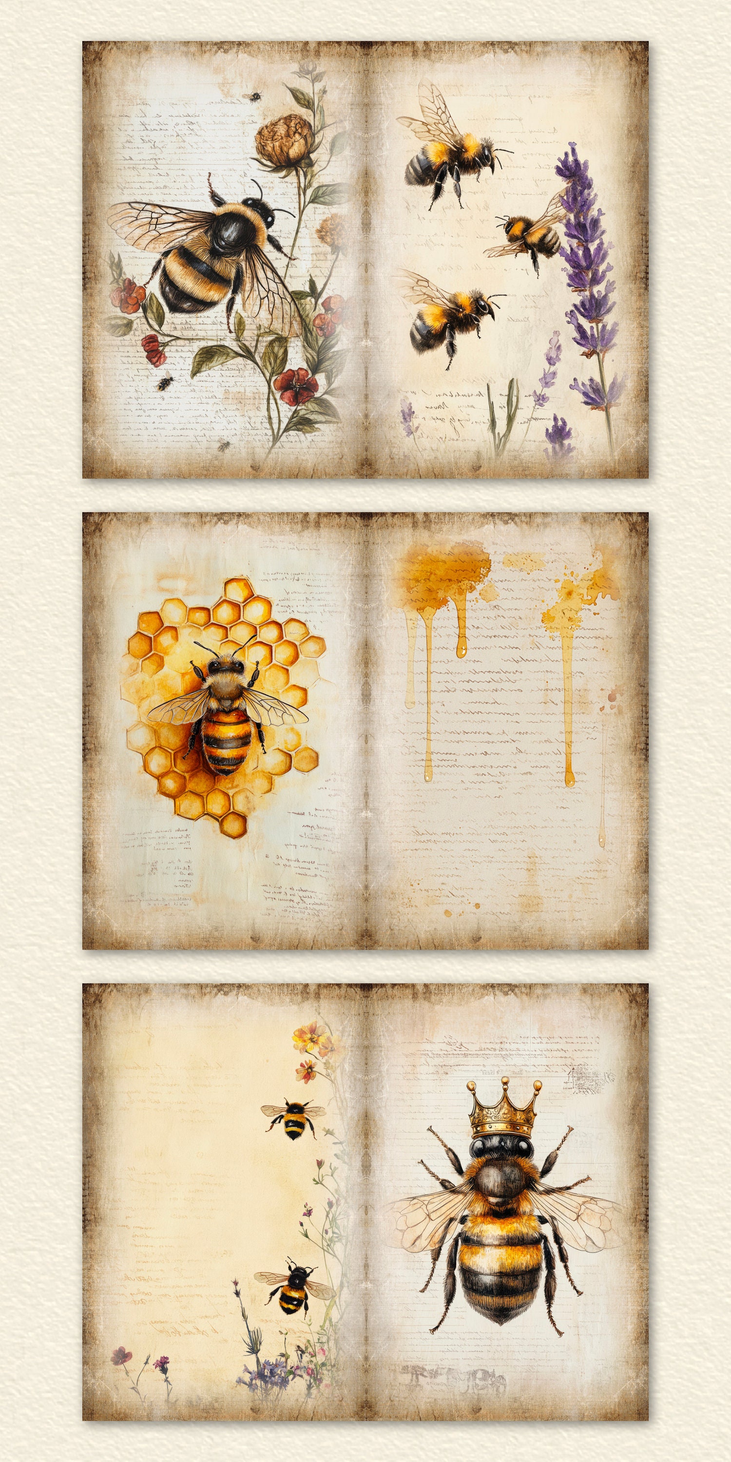 Watercolor Honey Bees Junk Journal Pages, Vintage Bee Junk Journal Kit ...