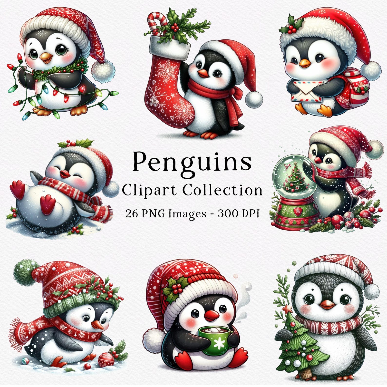 15 Penguin Clipart PNG/JPG, Winter Christmas Penguin Clipart, Christmas ...