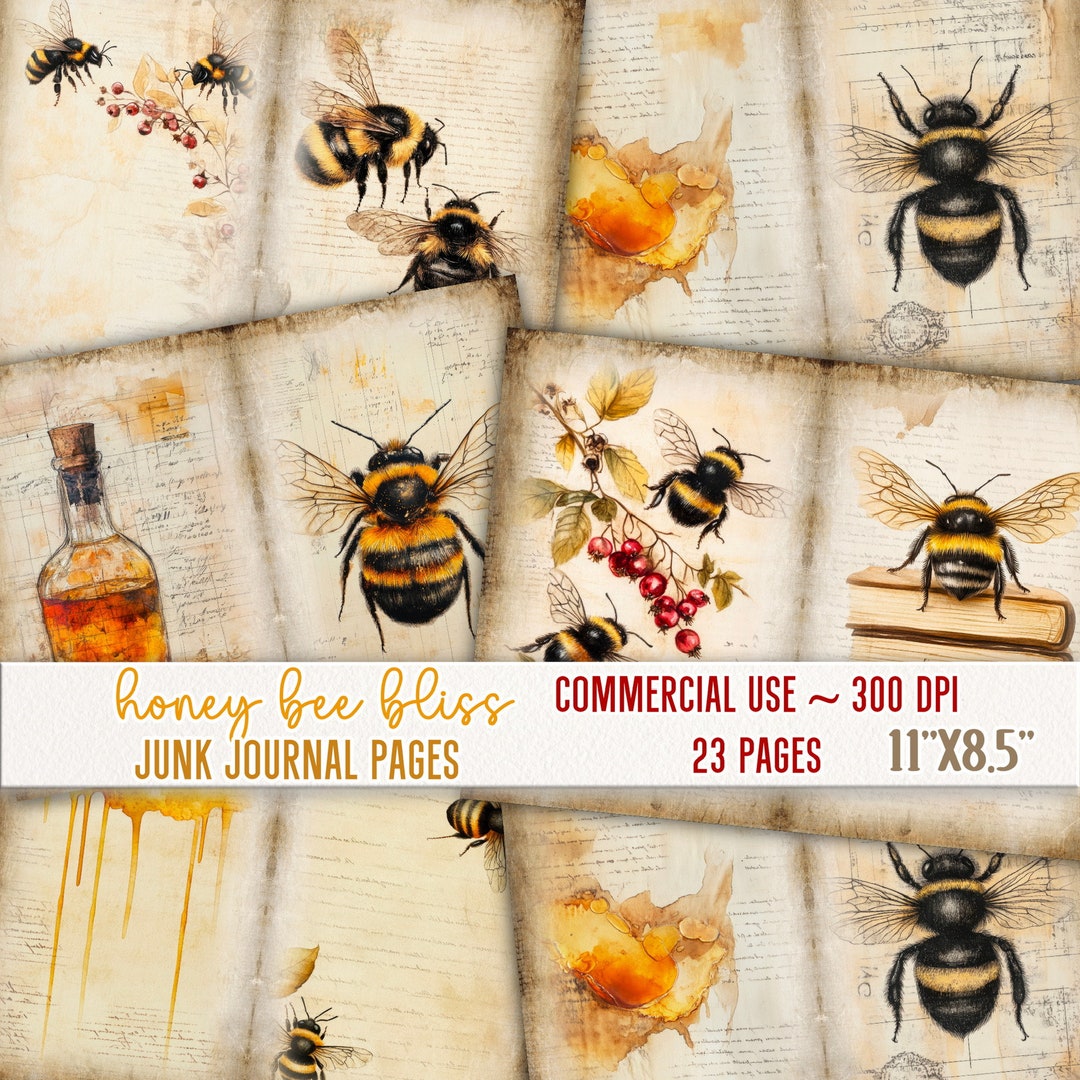 Watercolor Honey Bees Junk Journal Pages, Vintage Bee Junk Journal Kit ...