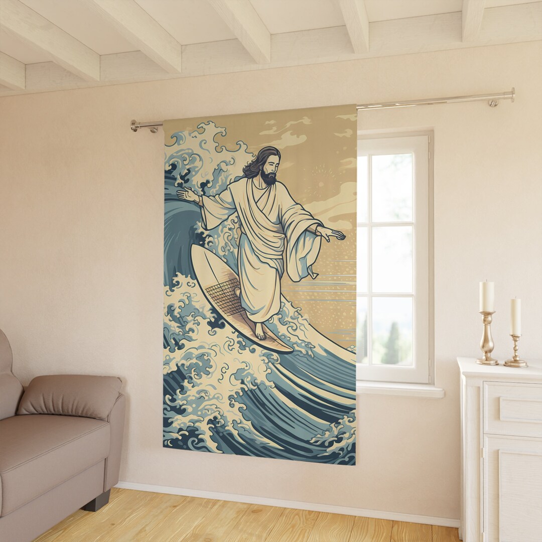 Jesus on a Surfboard Window Curtains - Jesus Art Handmade Curtain ...