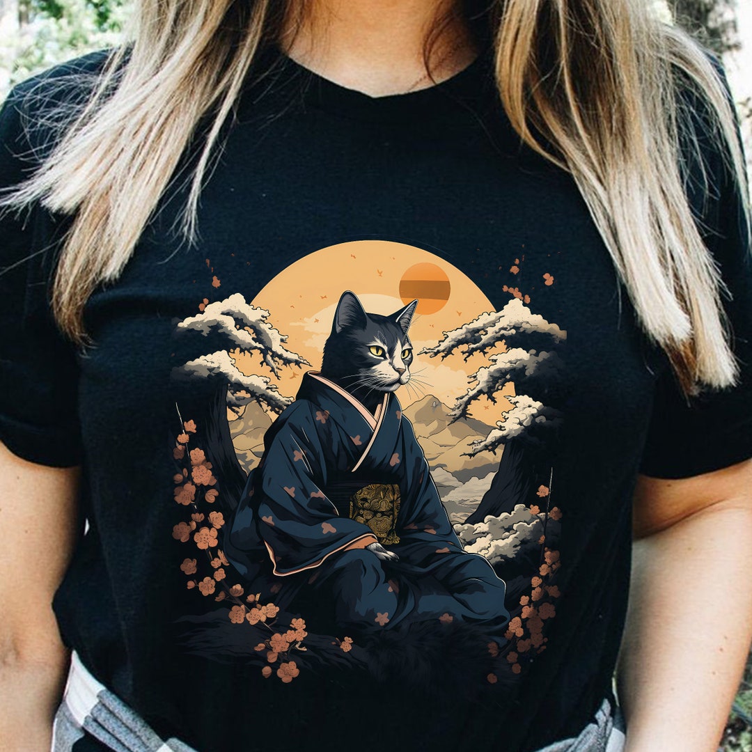 Japanese Kyoto Cat on the Moon Shirt - Cat With Kimono Tshirt - Funny ...