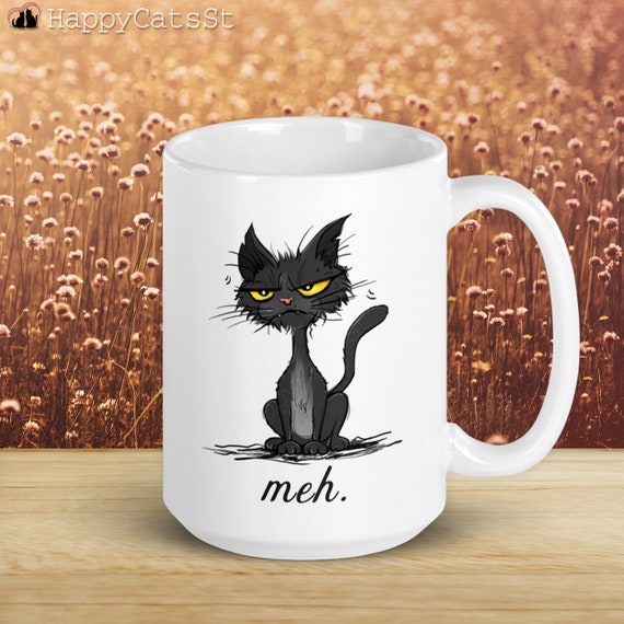 Meh Cat Mugs Black Cat Mug Funny Cat Coffee Mug - Etsy