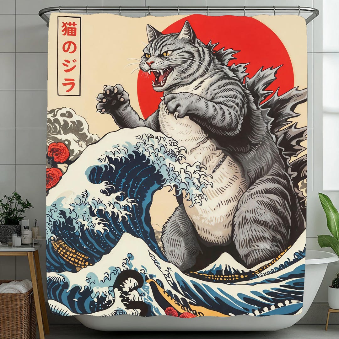 Godzilla Cat Shower Curtain - Funny Japanese Catzilla Bathroom Decor ...