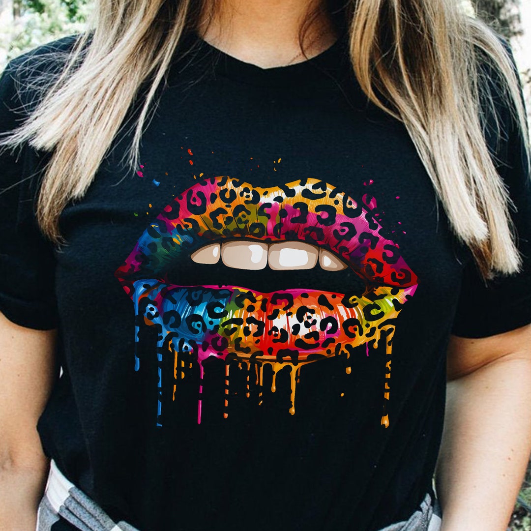 Dripping Rainbow Lips Leopard Print Shirts Dripping Lips Drip Paint ...