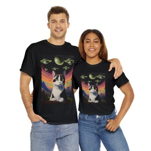A Tuxedo Cat Painting With Saucers and Planets Shirt - Alien Cat Art T ...