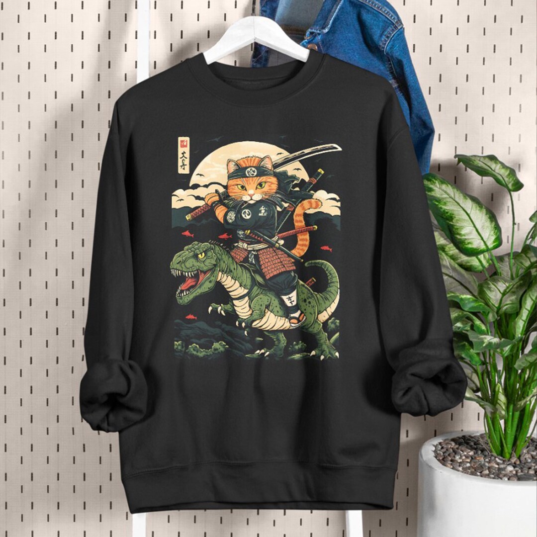 Samurai Cat Riding T-rex T-shirt: Ninja Dinosaur Graphic Tee - Etsy