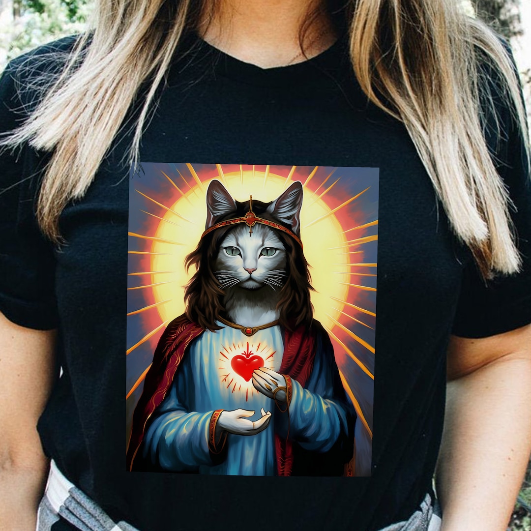The Sacred Heart of Cat T-shirt Jesus Cat Art Shirt Funny Jesus Shirts ...