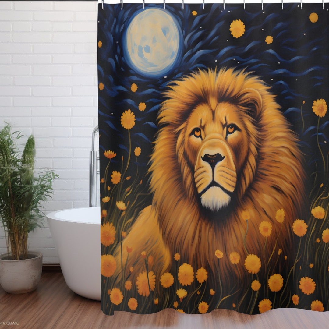 A Lion Under the Night Sky Shower Curtains - Lion Painting at Moon ...