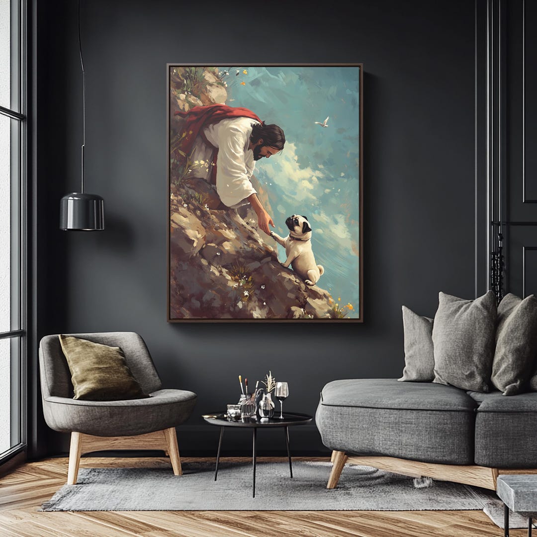 Divine Compassion Art Print - Jesus Rescuing a Pug on a Cliff ...