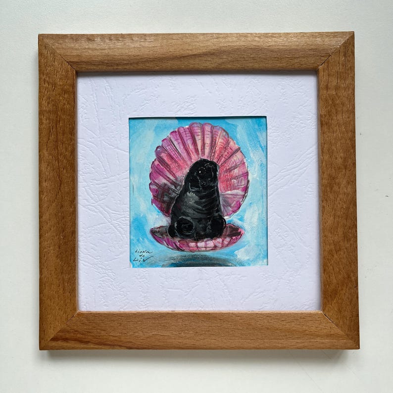 Original Pug Painting: Black Pug in Pink Seashell Artwork, Framed ...